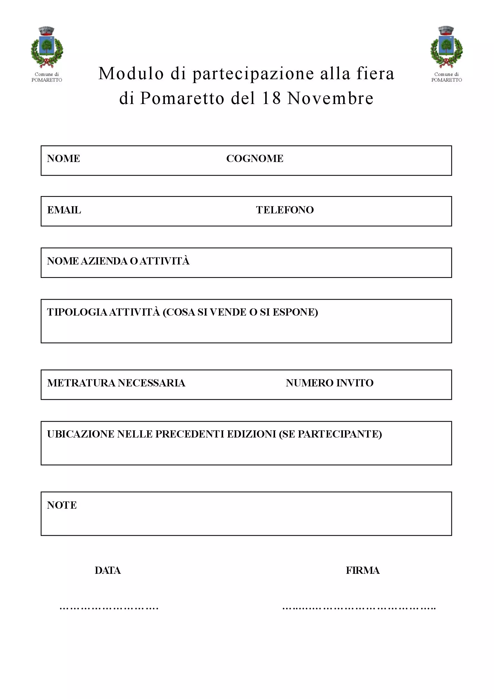 Modulo di partecipazione alla fiera del 18 Novembre 2023